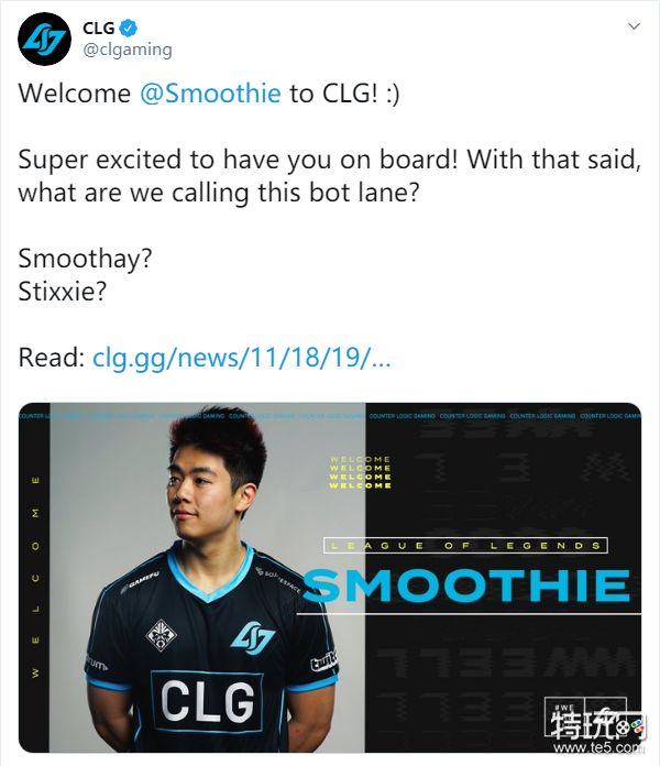 CLG官方宣布：原TSM辅助Smoothie加入CLG战队_特玩网LOL英雄联盟专区