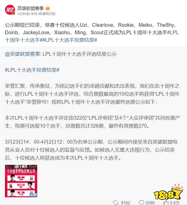 英雄联盟赛事官方：公示期结束Uzi 明凯等选手正式成为LPL十周年十大选手_18183专区